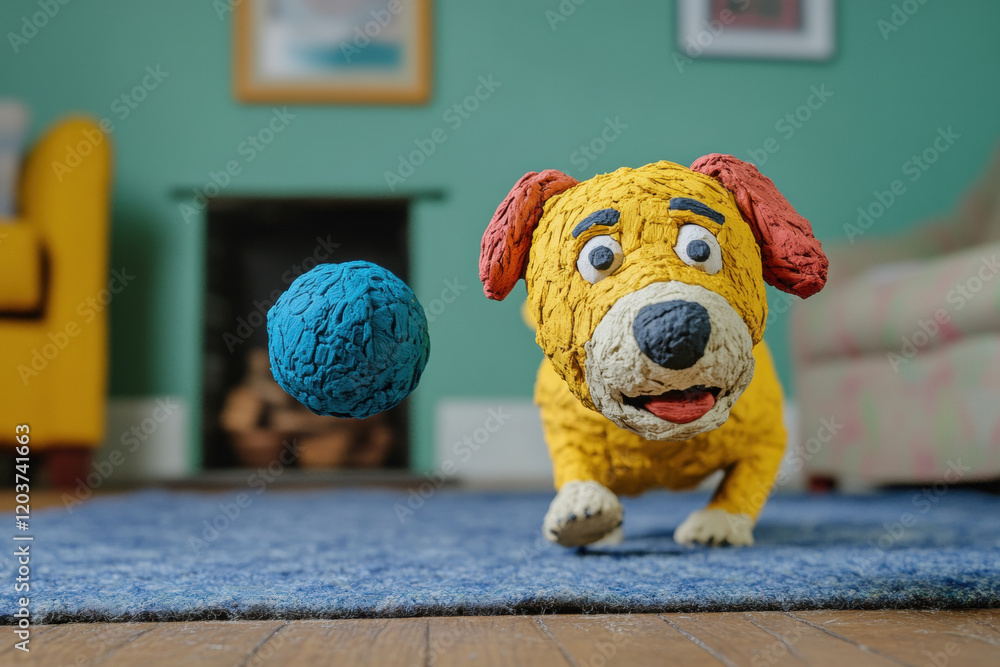 Claymation dog, A claymation dog playfully chases a bouncing ball in a ...