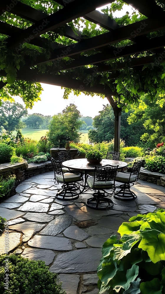 Rural patio design featuring flagstone paving, potted plants, and a ...