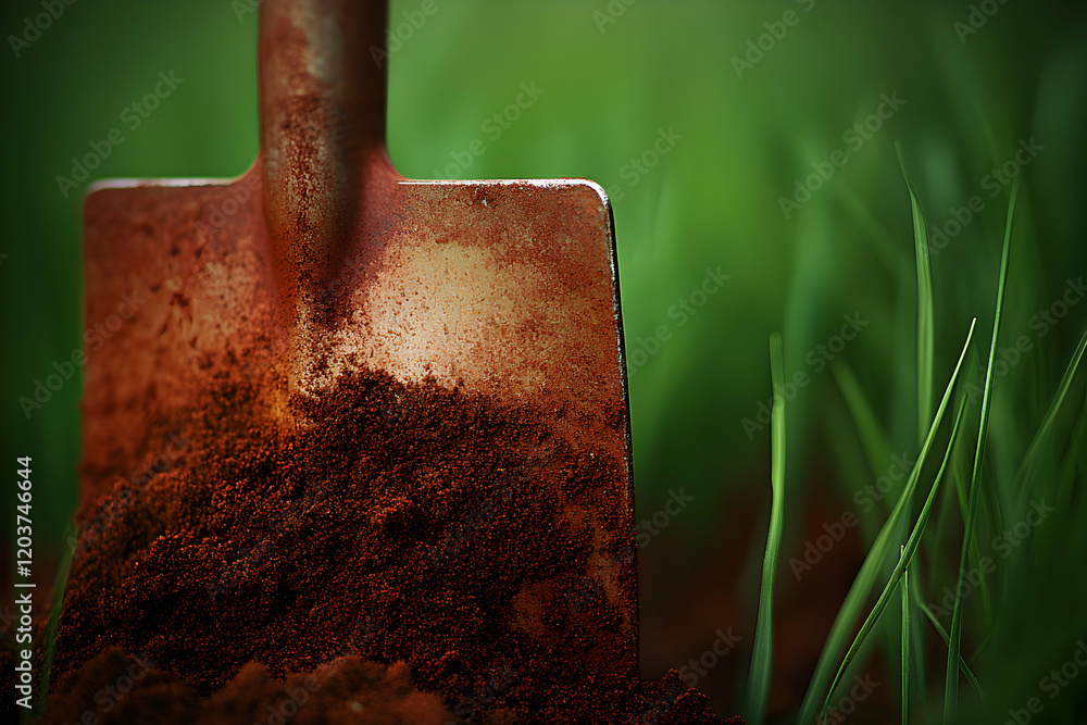 Rusty shovel with rich red soil, close-up, blurred green grass ...