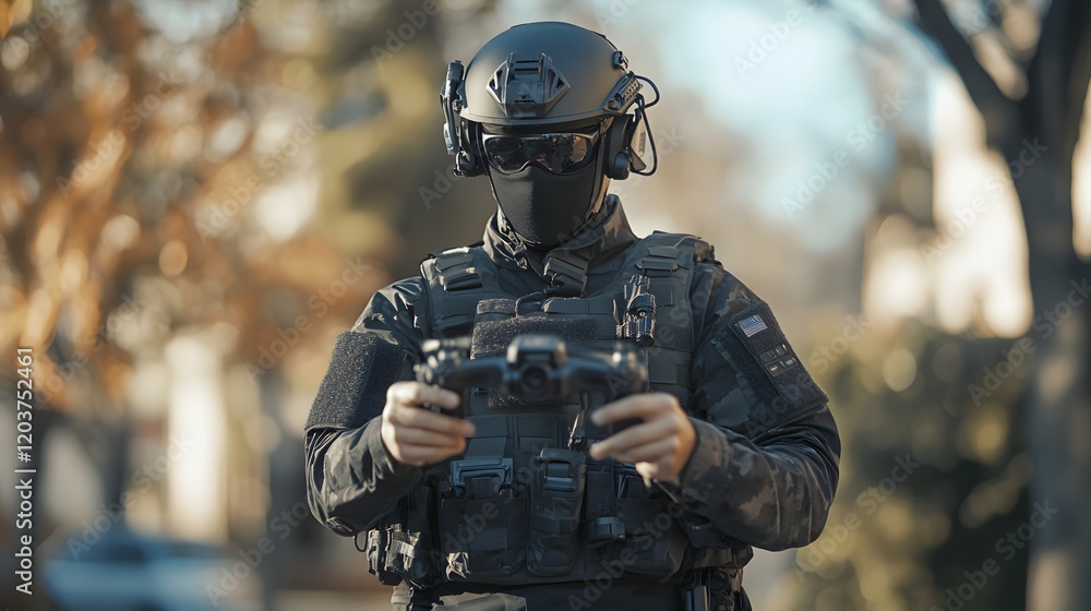 A SWAT officer using a drone controller during a tactical surveillance ...