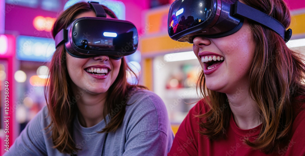 Joyful partners laughing while playing virtual reality game, vibrant ...