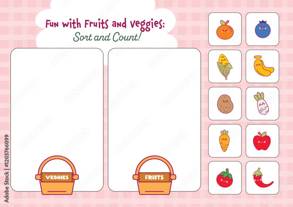 Flat Design Vector Cute Cut and Paste Sorting and Counting fruit and ...