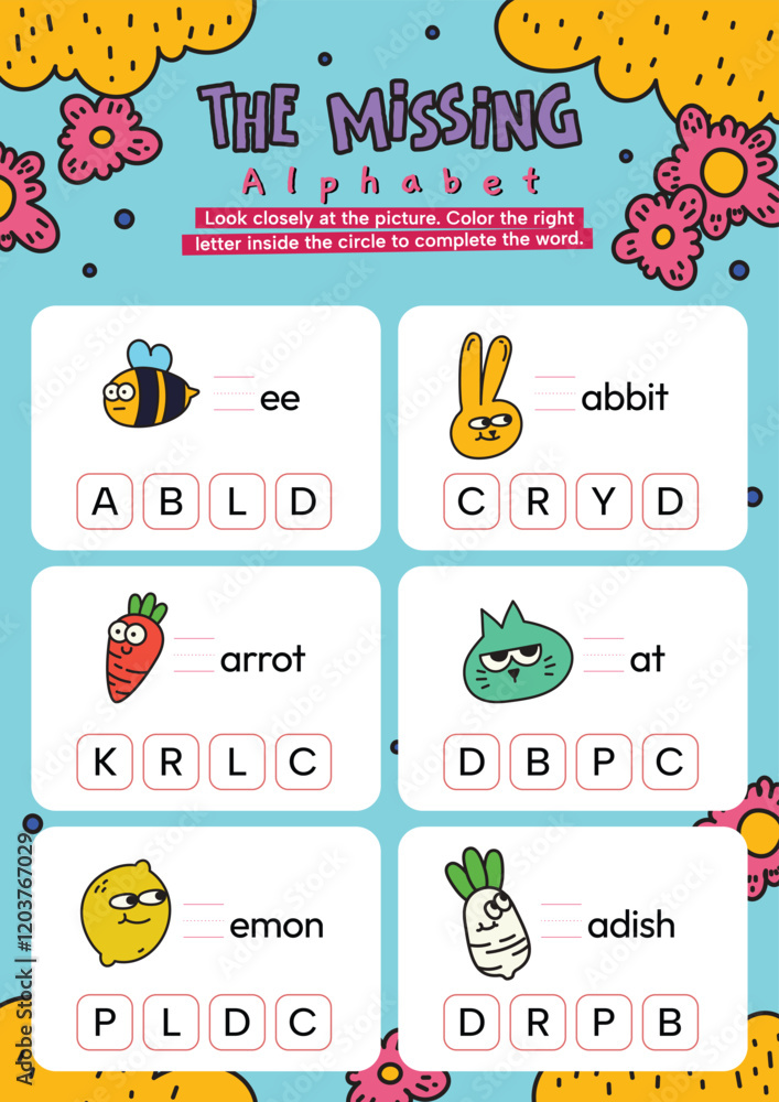 Flat Design Vector Cute Complete the Alphabet in Front of Objects Worksheet. Fun Printable for ...