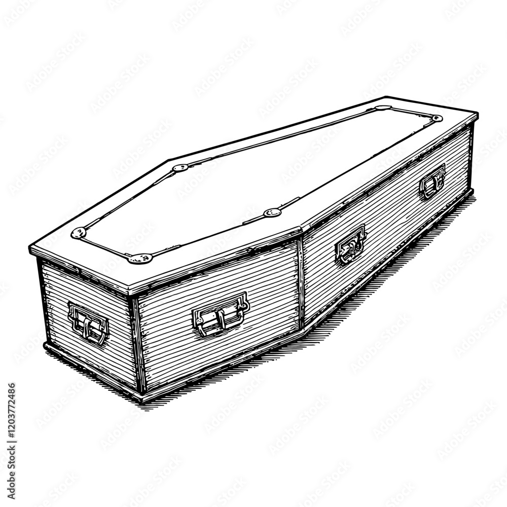Detailed Coffin Perspective View Black and White Outline Line Art ...
