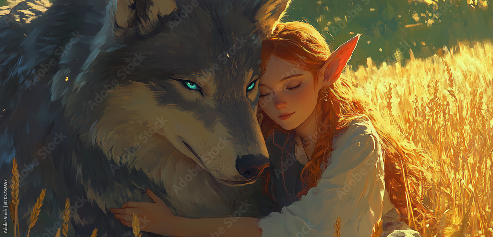 A red-haired elf girl sits in a field next to a giant wolf. She wears ...