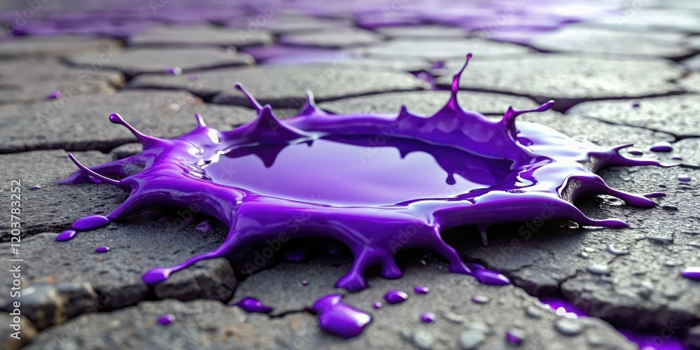 A purple liquid substance drips from a cracked, stone surface, creating ...