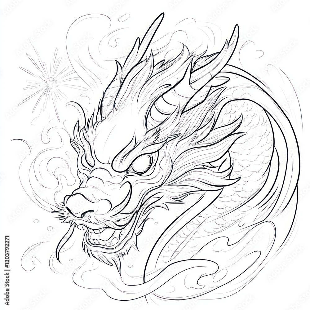 Dragon head, line art, mythical creature, stylized design, artistic ...