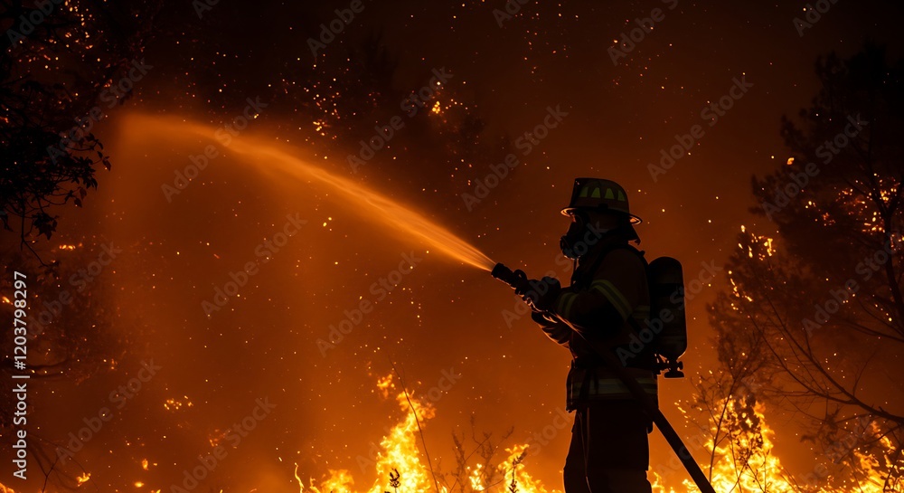 Professional Firefighter Extinguishing Large, High-Priority Part of the ...