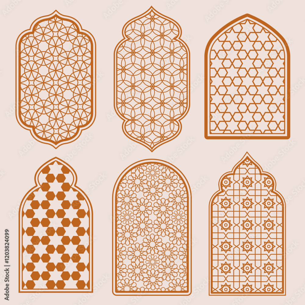 2d arch window and door with arab pattern, ramandan kareem concept ...
