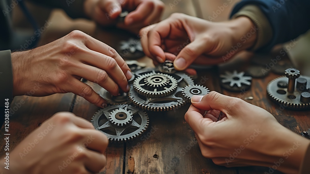 teamwork in action - group of people meticulously assembling gears on a ...