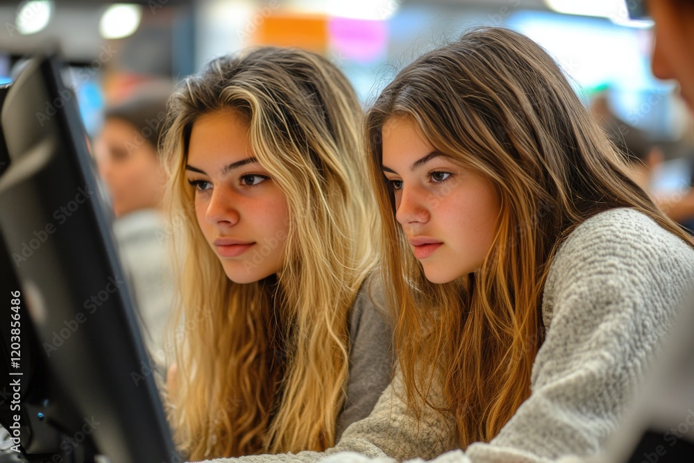 Two young women focused on computer screens while studying in a busy ...