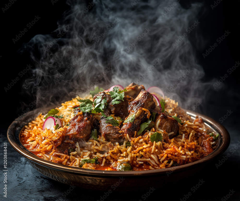 Indian chicken biryani, spicy food photography, hot biryani rice with ...
