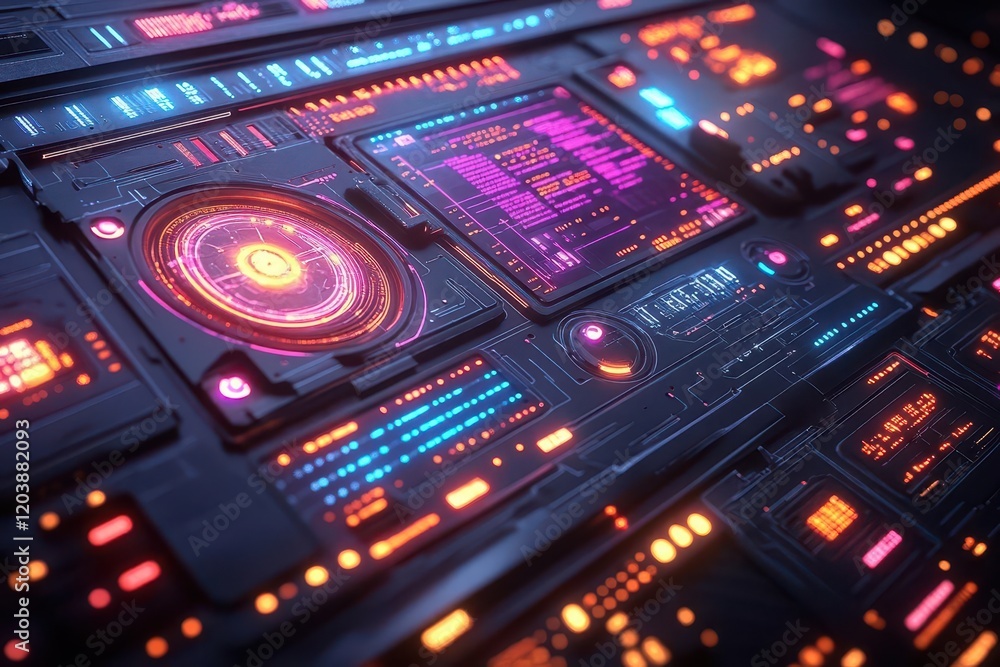 a futuristic industrial control panel with holographic displays ...