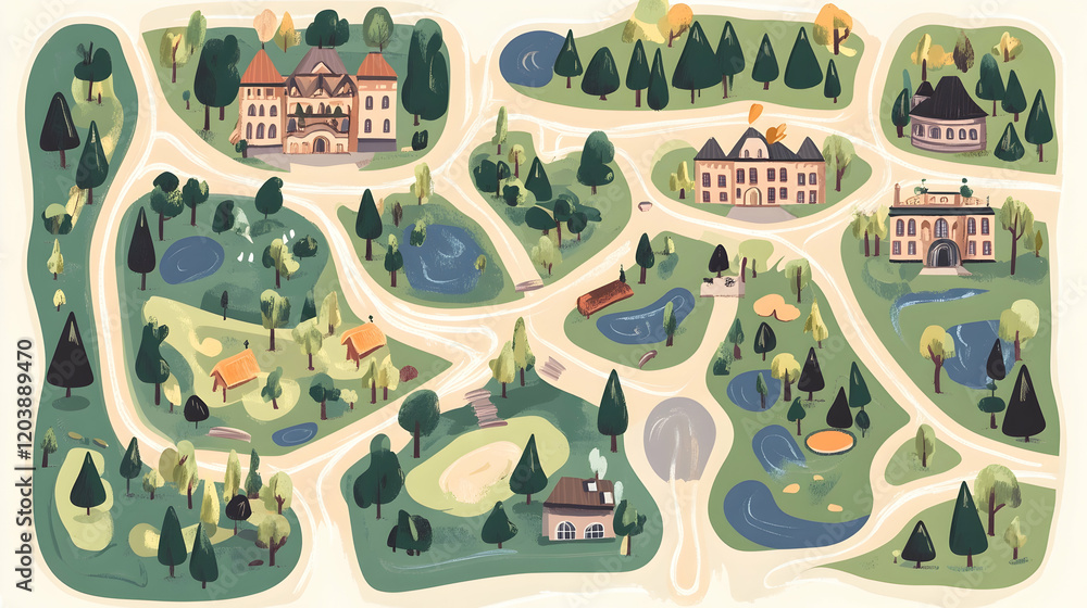 Estate map park, ponds, houses, pathways, nature. Ideal for brochures ...