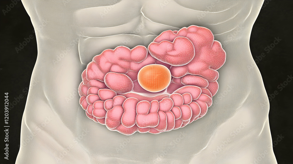 Medical illustration of human digestive system, specifically the small ...
