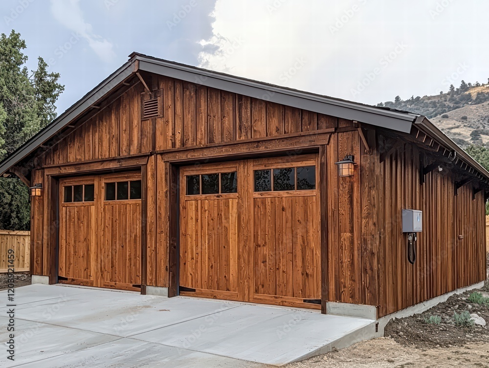 Стоковое фото «Rustic Charm: A well-maintained wooden double garage ...