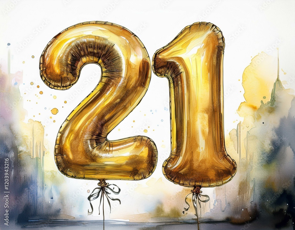 Gold birthday / anniversary party balloon, number 21, watercolor ...