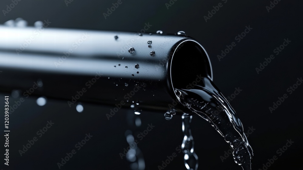 Water flows from a metallic pipe with droplets creating a dynamic ...