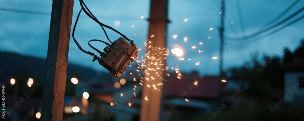 power transformer sparks dramatically, illuminating night sky with ...