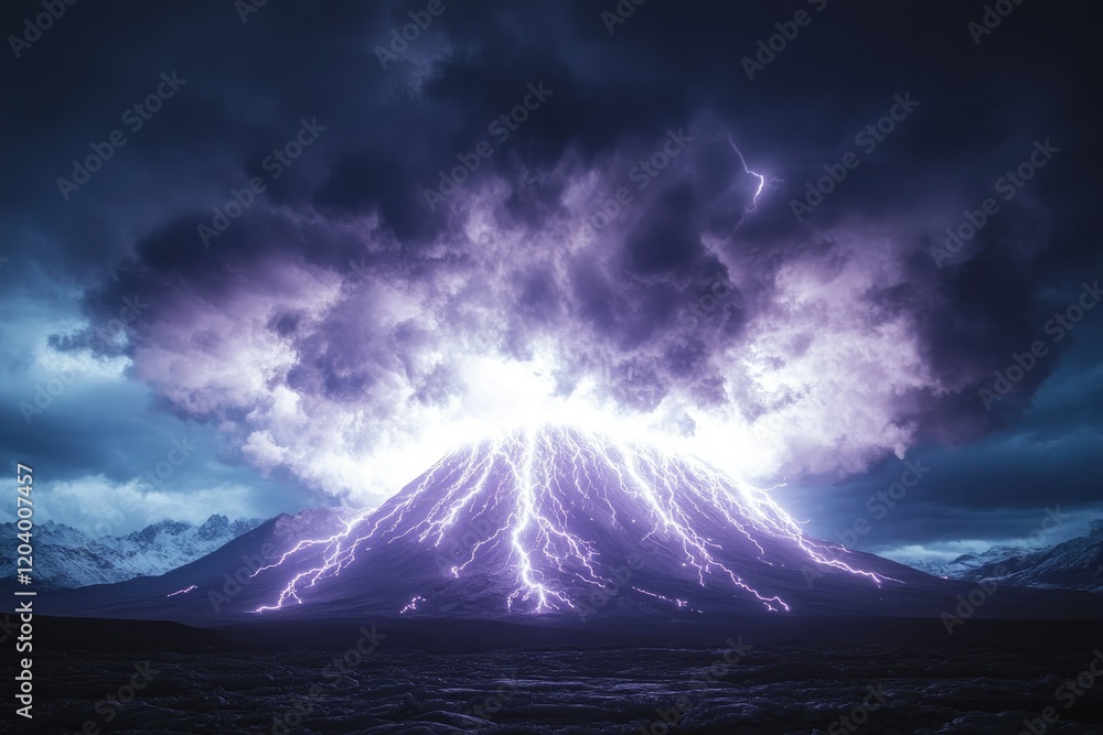 Volcanic Lightning Storm: A breathtaking and dramatic image capturing a volcanic eruption with ...