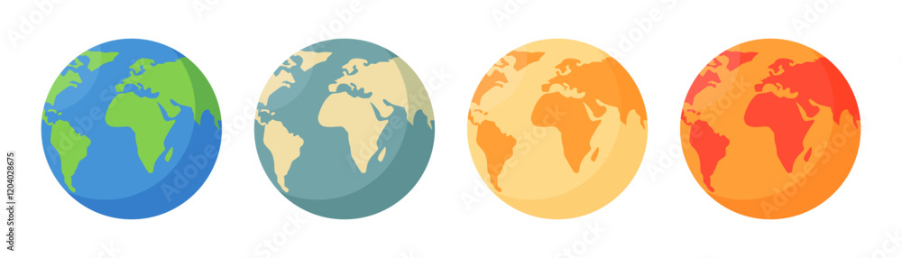 Earth globe icon set of global warming stages in various color isolated ...