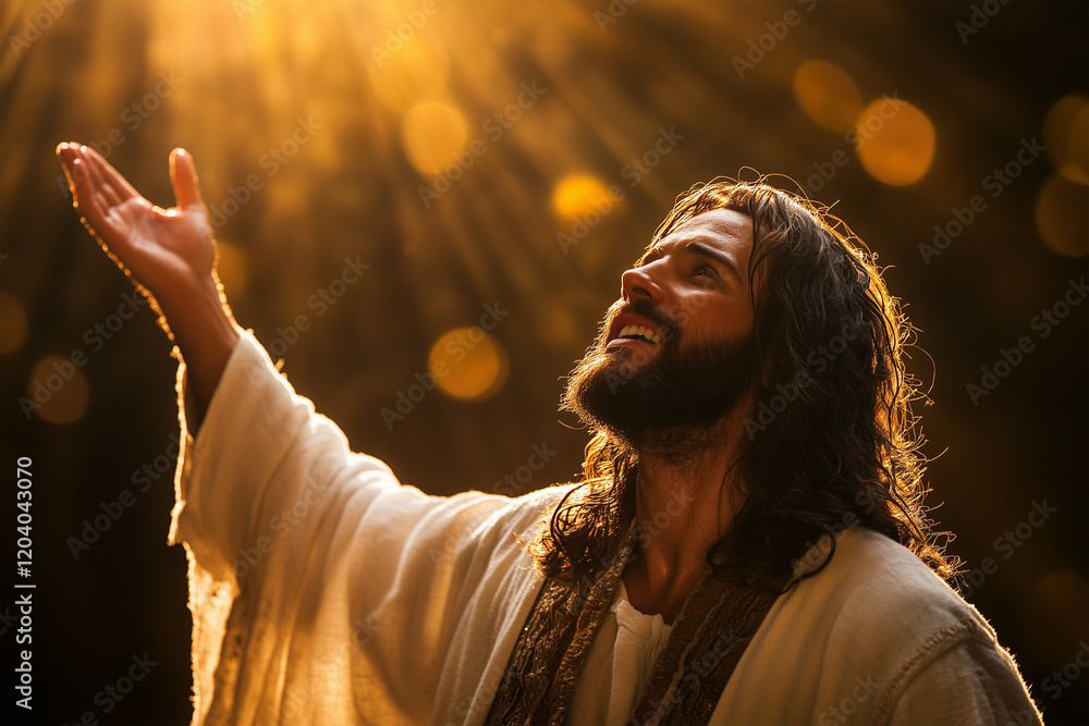 Jesus Christ raising His hands to heaven in prayer, calling sinners to ...