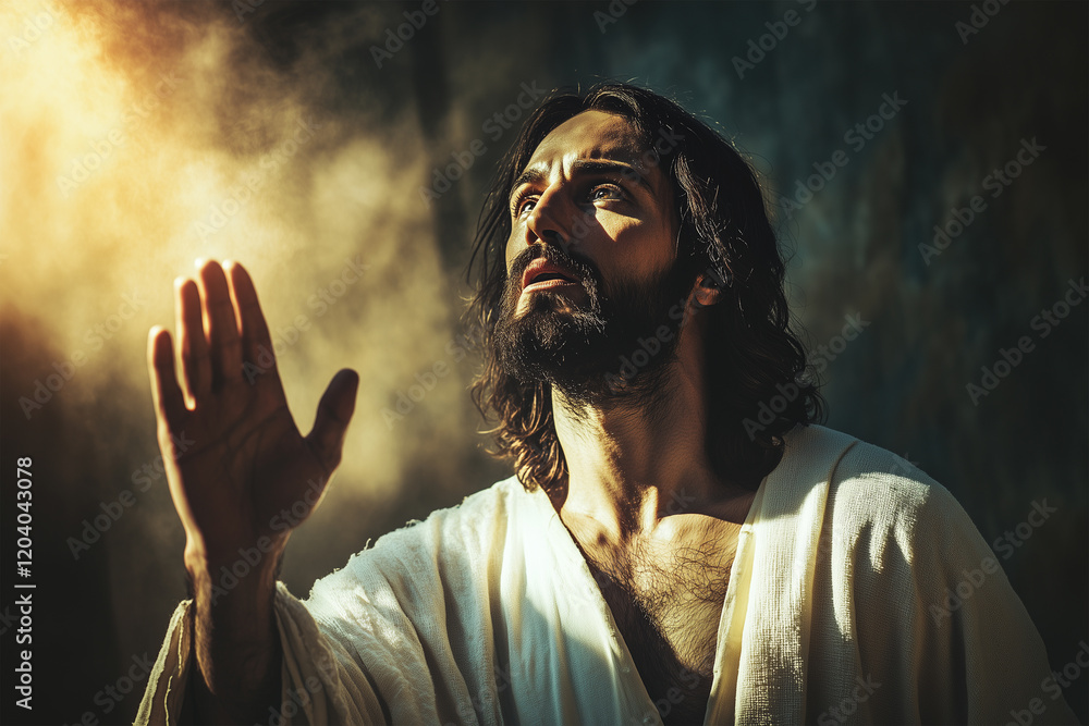 Jesus Christ raising His hands to heaven in prayer, calling sinners to repentance – Concept of ...