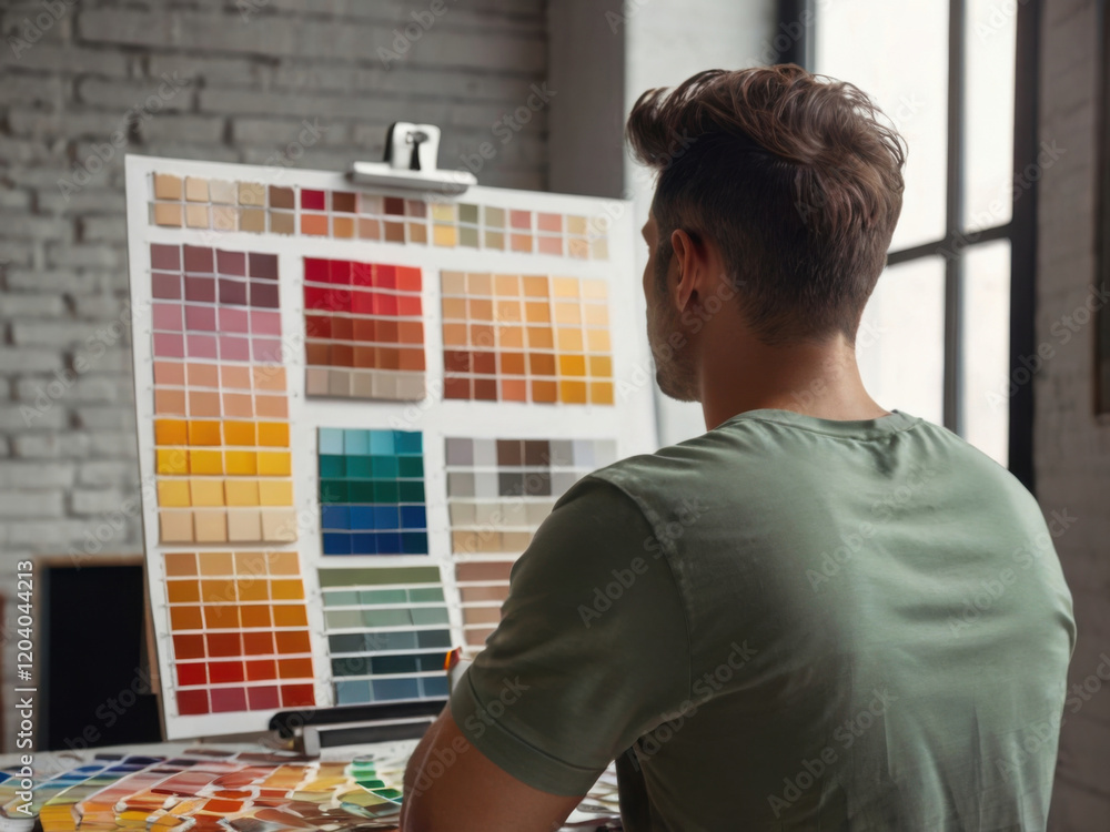 Vista posterior del diseñador creativo masculino analizando la paleta de colores en un brillante ...
