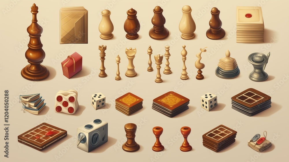 Various chess and board game pieces arranged in an organized layout on ...