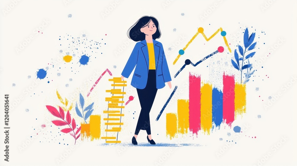 Professional Woman Walking Confidently Among Colorful Business Charts ...