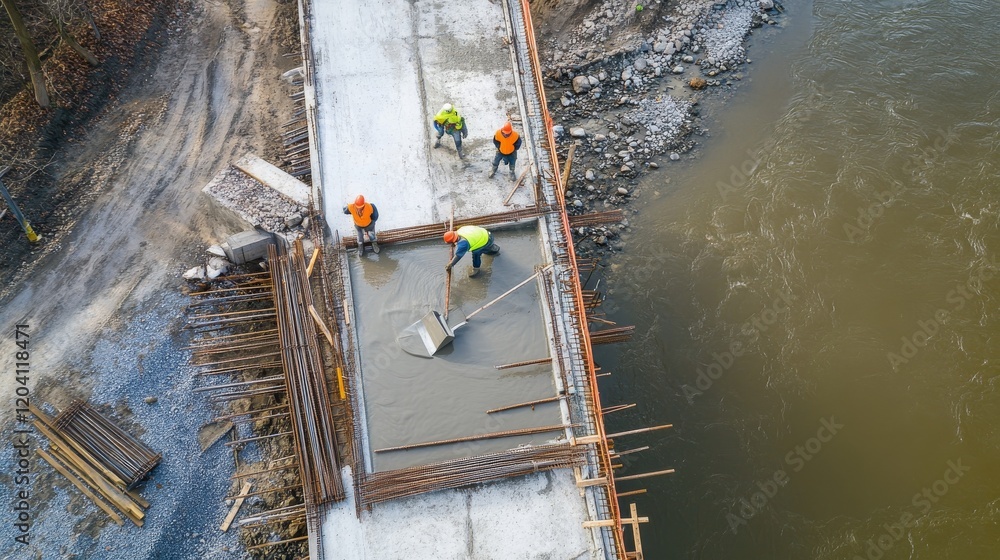 An aerial view of construction workers pouring and leveling concrete ...
