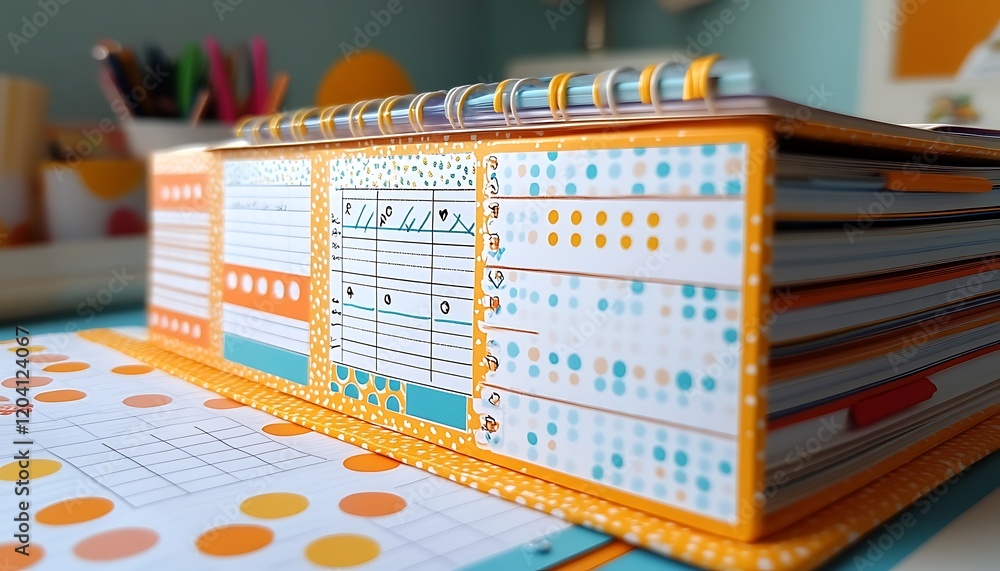 Colorful planner with schedule, checklist, and dotted patterns. Stock ...
