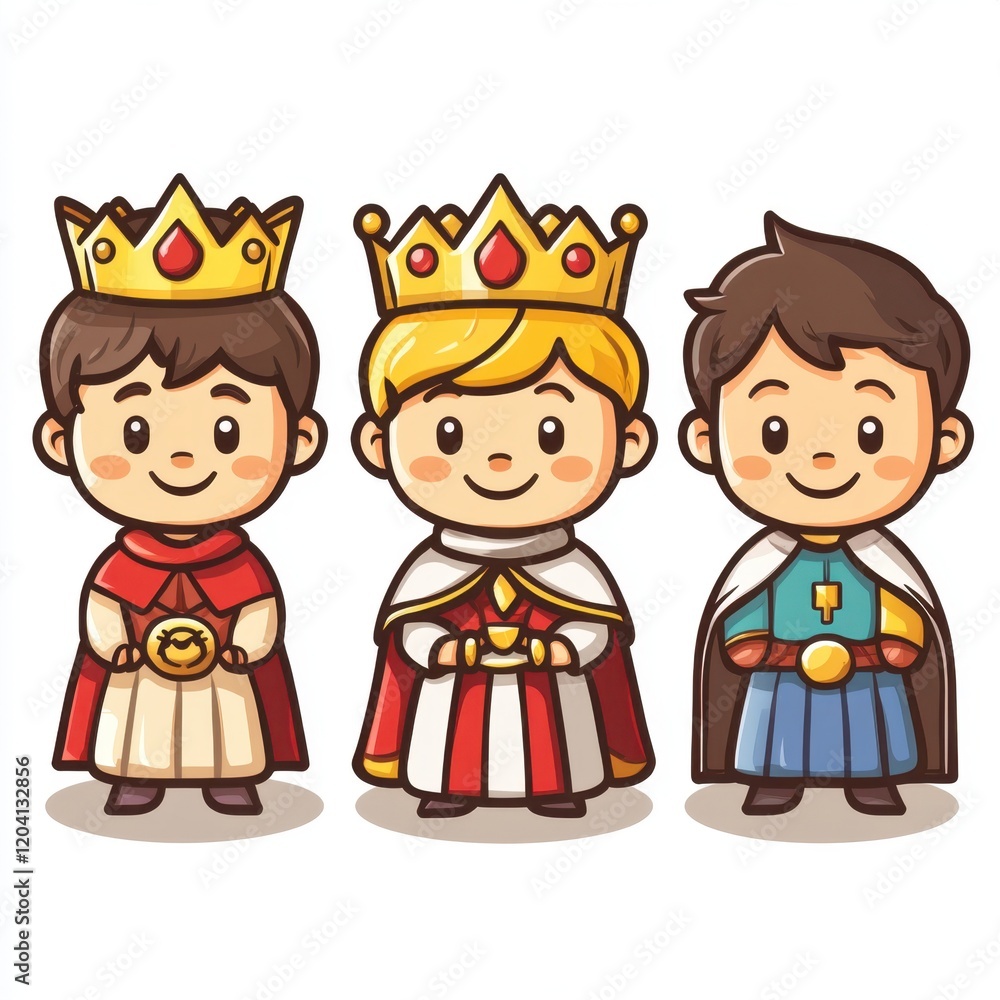 six Icons about boys smiling face image in cute king costume, Line Art ...