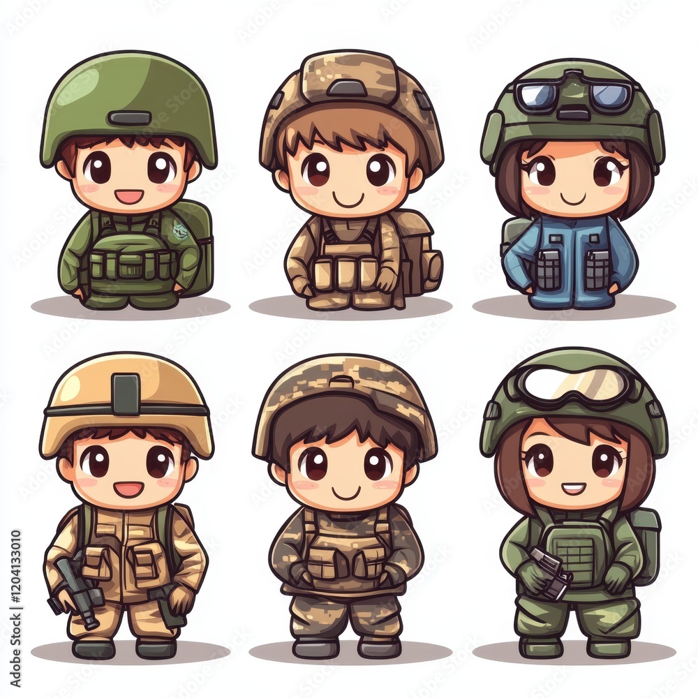 six Icons about boys smiling face image in cute soldier costume, Line ...