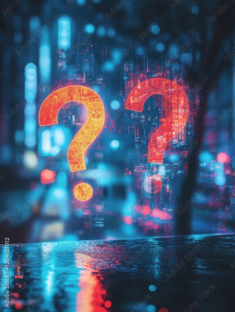 Abstract glowing question marks interface on blurry night city ...