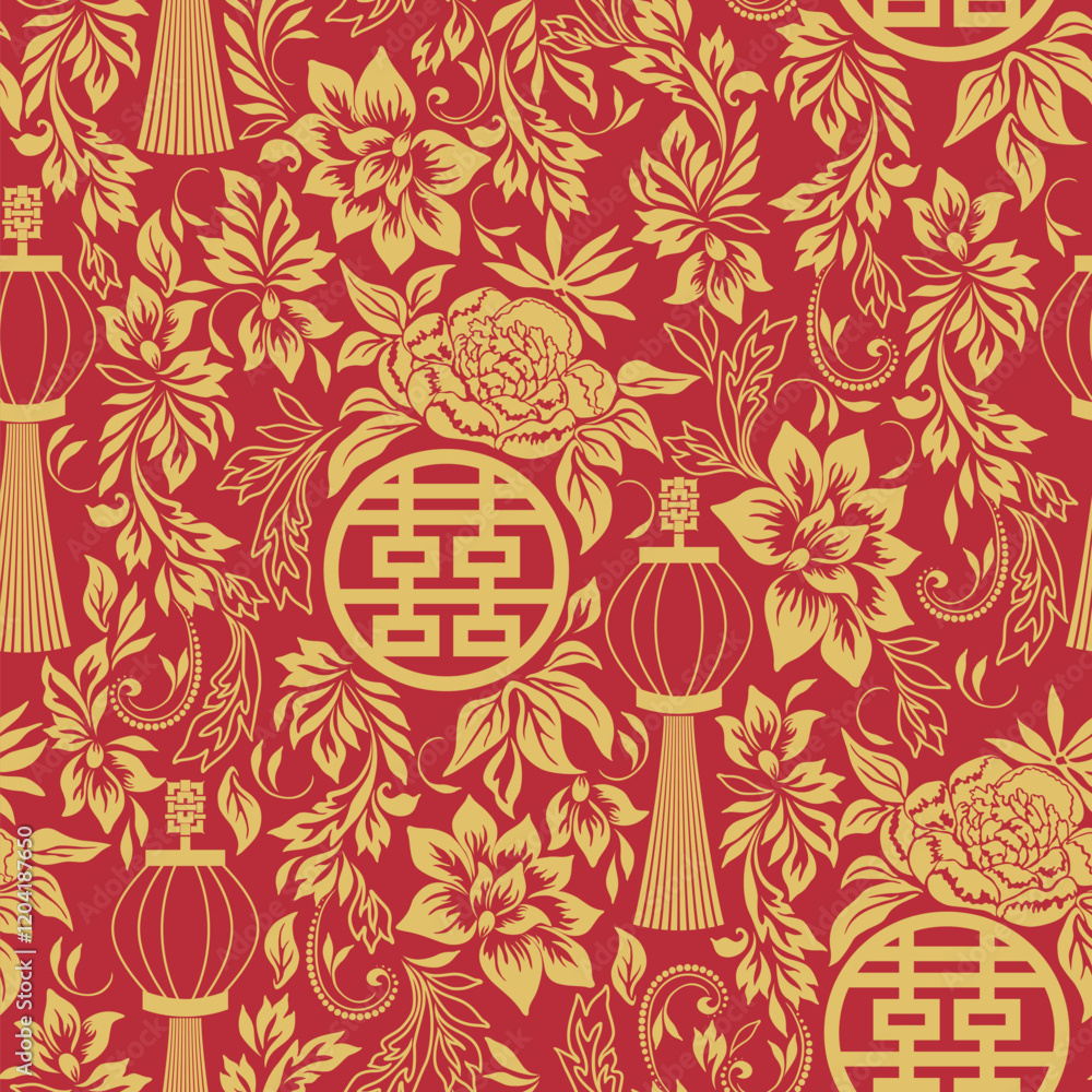 Double luck sign , flowers and a flashlight - chinese seamless pattern ...
