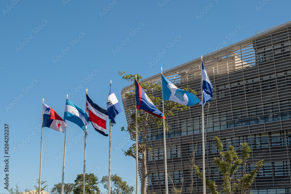 Waving flags of the seven Central American countries - Belize, Costa ...