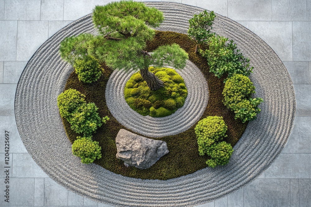 Serene circular zen garden with a central pine tree, surrounded by ...
