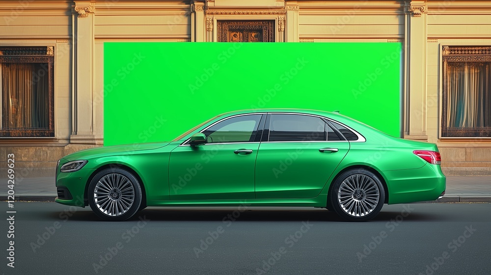 Green screen attached to a sedan for elegant promotional visuals and ...