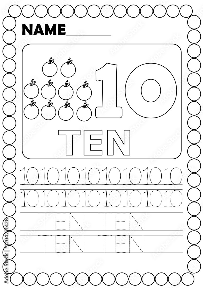 Стоковое векторное изображение «10, Number Ten.Orange.Number tracing ...