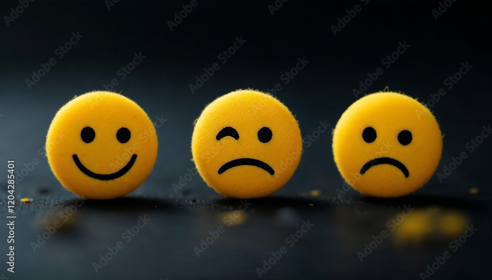 Yellow emoji faces with felt texture on a dark background, showing ...