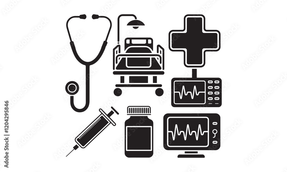 Medical Equipment Icons Featuring Stethoscope, Hospital Bed, Syringe ...