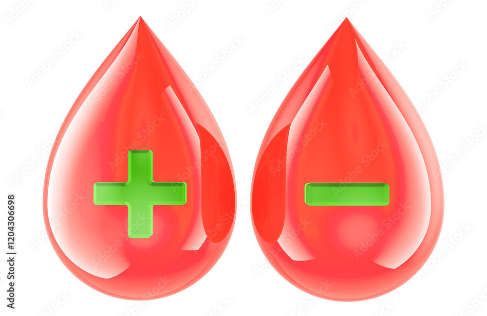 Rh blood group system, concept. Blood Drops with plus and minus signs ...