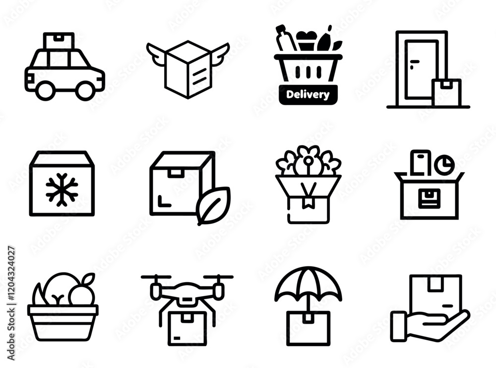 Collection of delivery service icons representing various activities ...