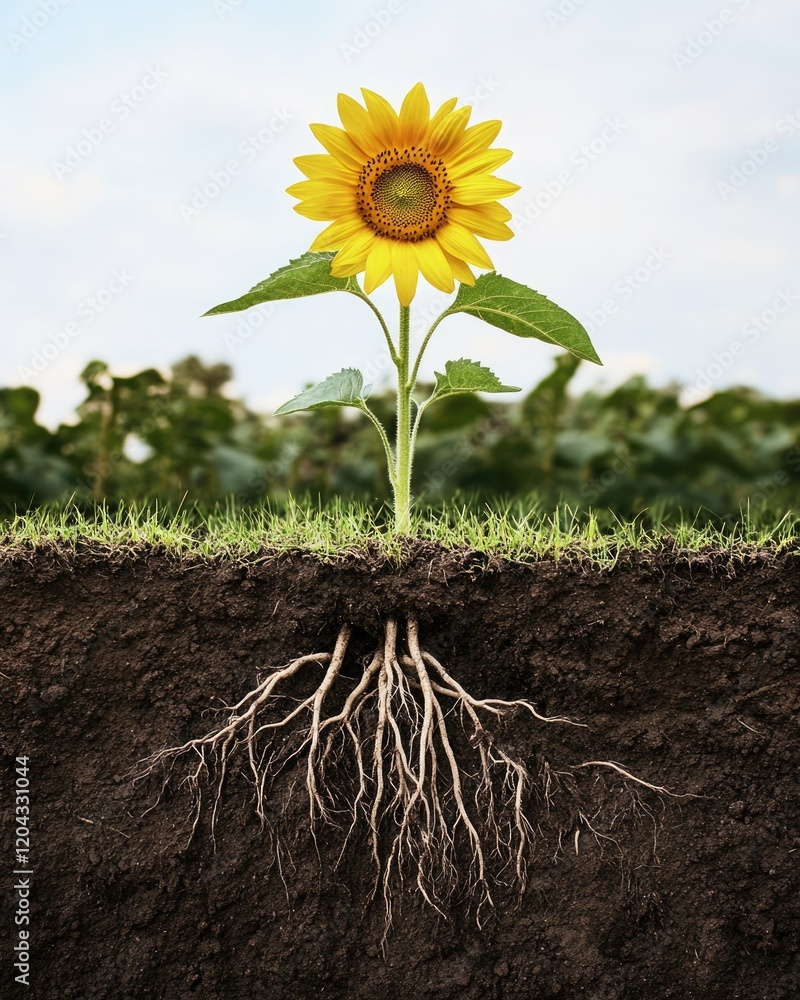 Sunflower Emerging from Rich Soil: A Cross Section of Growth with Roots ...