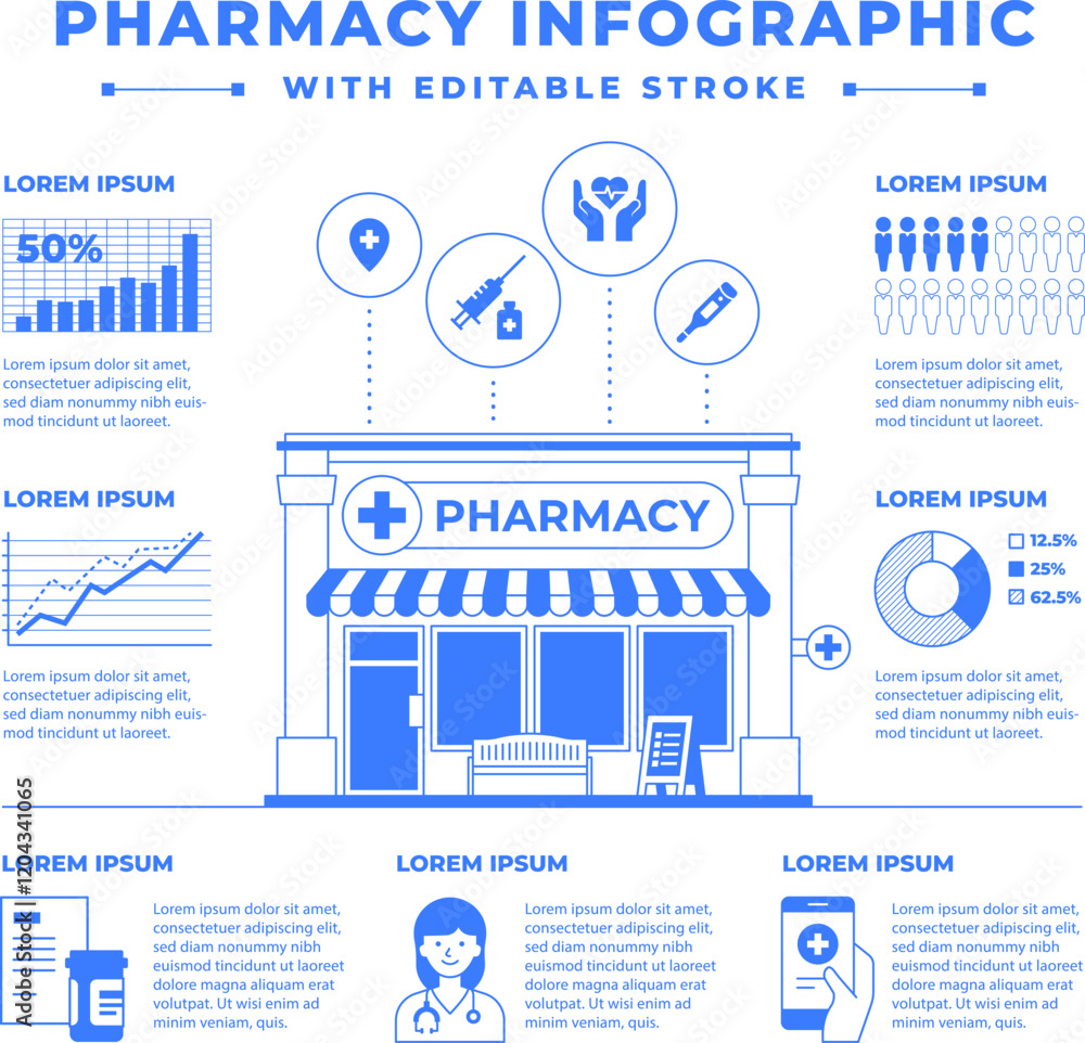 Pharmacy store building infographic. Poster design. Charts, icons ...