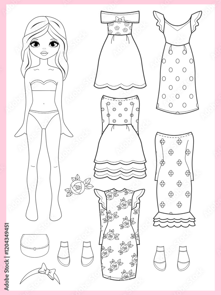 Paper doll clothes coloring page, book. Outline. Black and white ...