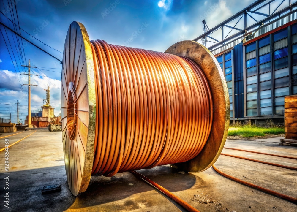 Substation grounding materials: A candid photo reveals a stockpile of copper wire cable drums ...