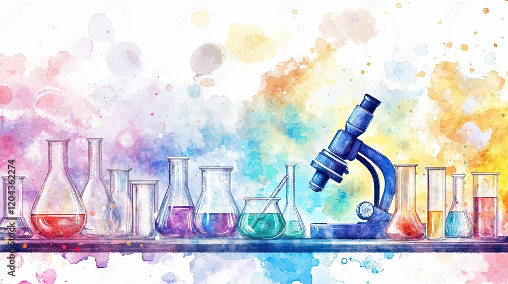 Watercolor science lab background with test tubes, beakers and ...