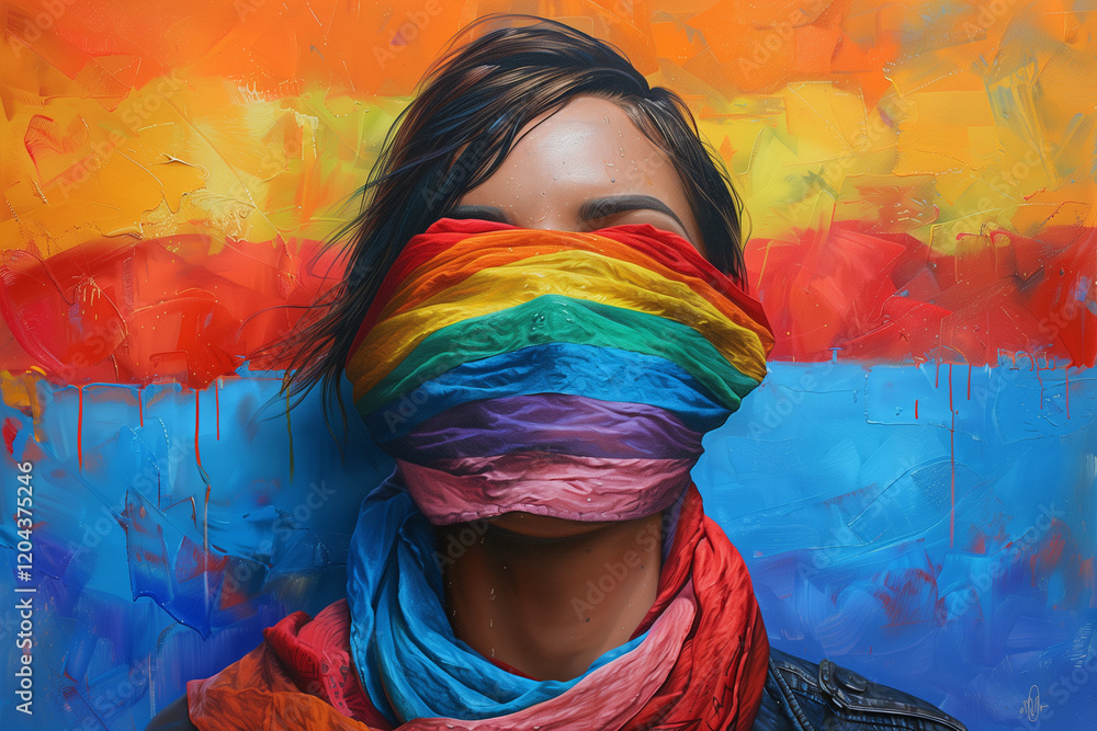 Face hidden behind lgbt rainbow colored flag representing human rights ...